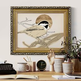 Bilderwelten Bild mit Barockrahmen Antik Tiere Illustration Barock beige - Vogel vor goldener Sonne I - V&ouml;gel Wohnzimmer Schlafzimmer