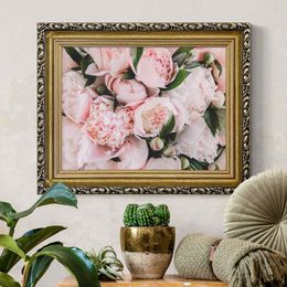 Bilderwelten Bild mit Barockrahmen Antik Blumen Landhaus Barock rosa - Rosa Pfingstrosen mit Bl&auml;ttern - Rose Wohnzimmer Schlafzimmer