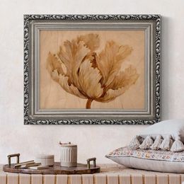 Bilderwelten Bild mit Barockrahmen Antik Blumen Illustration Barock beige - Sepia Tulpe auf Holz - edle Optik Wohnzimmer Schlafzimmer