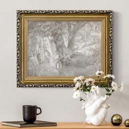 Bilderwelten Bild mit Barockrahmen Antik originell Illustration Barock grau - Johann Wilhelm Schirmer - Waldlandschaft - edle Optik Wohnzimmer Schlafzimmer