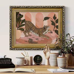 Bilderwelten Bild mit Barockrahmen Antik Tiere modern Barock rosa - Illustration Tiger in Pastell Rosa Malerei - Tiger Wohnzimmer Schlafzimmer