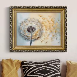 Bilderwelten Bild mit Barockrahmen Antik Blumen modern Barock gelb - Pusteblume mit fliegenden Samen - Pusteblume Wohnzimmer Schlafzimmer
