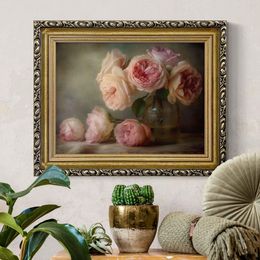Bilderwelten Bild mit Barockrahmen Antik Blumen modern Barock rosa - Romantisches Rosenbouquet - Rose Wohnzimmer Schlafzimmer