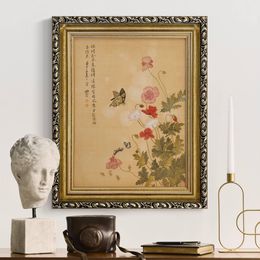 Bilderwelten Bild mit Barockrahmen Antik Blumen modern Barock beige - Yuanyu Ma - Mohnblumen und Schmetterlinge - Mohn Wohnzimmer Schlafzimmer
