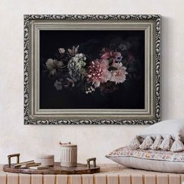 Bilderwelten Leinwandbild mit Barockrahmen Blumen mit Nebel auf Schwarz
