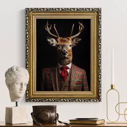 Bilderwelten Bild mit Barockrahmen Antik Tiere Digital Art Barock braun - Wild im Anzug - edle Optik Jugendzimmer