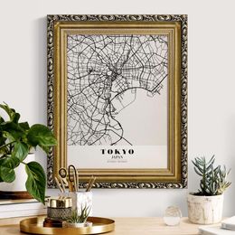 Bilderwelten Bild mit Barockrahmen Antik Weltkarte Shabby Barock schwarz weiss - Stadtplan Tokyo - Klassik - Japan Jugendzimmer