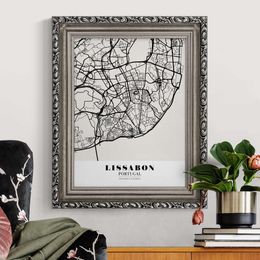 Bilderwelten Leinwandbild mit Barockrahmen Stadtplan Lissabon - Klassik