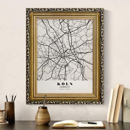 Bilderwelten Bild mit Barockrahmen Antik Weltkarte modern Barock schwarz weiss - Stadtplan K&ouml;ln - Klassik - K&ouml;ln Jugendzimmer