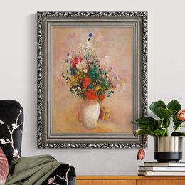 Bilderwelten Bild mit Barockrahmen Antik Blumen modern Barock bunt - Odilon Redon - Vase mit Blumen (rosenfarbener Hintergrund) - edle Optik Wohnzimmer