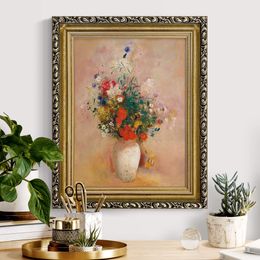 Bilderwelten Bild mit Barockrahmen Antik Blumen modern Barock bunt - Odilon Redon - Vase mit Blumen (rosenfarbener Hintergrund) - edle Optik Wohnzimmer