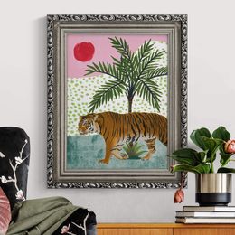 Bilderwelten Bild mit Barockrahmen Antik Tiere Tropisch Barock bunt - Spazierender Tiger im Morgenrot - Tiger Jugendzimmer