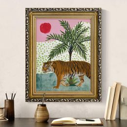Bilderwelten Bild mit Barockrahmen Antik Tiere Tropisch Barock bunt - Spazierender Tiger im Morgenrot - Tiger Jugendzimmer