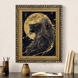 Bilderwelten Bild mit Barockrahmen Antik Tiere Digital Art Barock schwarz - L&ouml;we Sternzeichen II - Himmel Jugendzimmer