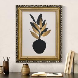 Bilderwelten Bild mit Barockrahmen Antik Illustration Barock schwarz weiss - Grafische Pflanzenwelt - Gold und Schwarz - edle Optik Wohnzimmer Schlafzimmer