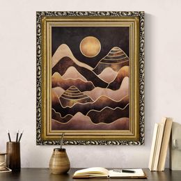 Bilderwelten Bild mit Barockrahmen Antik originell Abstrakt Aquarell gold - Goldene Sonne abstrakte Berge - edle Optik Wohnzimmer Schlafzimmer