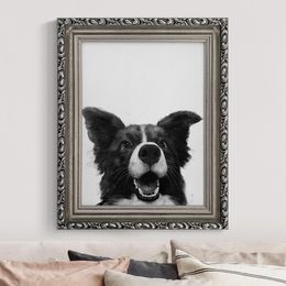 Bilderwelten Leinwandbild mit Barockrahmen Illustration Hund Border Collie Schwarz Wei&szlig; Malerei