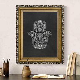 Bilderwelten Leinwandbild mit Barockrahmen Hamsa Hand Illustration wei&szlig; schwarz