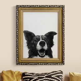Gerahmtes Leinwandbild Illustration Hund Border Collie Schwarz Wei&szlig; Malerei