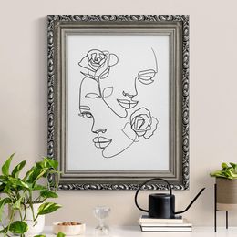 Gerahmtes Leinwandbild Line Art Gesichter Frauen Rosen Schwarz Wei&szlig;