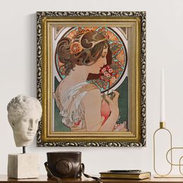 Bilderwelten Bild mit Barockrahmen Antik Blumen Vintage Barock pastell - Alfons Mucha - Schl&uuml;sselblume - Ornamente Wohnzimmer Schlafzimmer