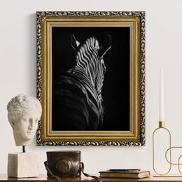 Bilderwelten Bild mit Barockrahmen Antik Tiere Motiv Barock schwarz weiss - Dunkle Zebra Silhouette - Zebra Wohnzimmer Schlafzimmer
