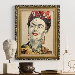 Bilderwelten Bild mit Barockrahmen Antik Portrait Illustration Barock beige - Frida Kahlo - Collage No.2 - edle Optik Wohnzimmer Schlafzimmer