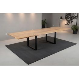 Esstisch 180(280)x90 cm mit Ansteckplatten Baumkante Wildeiche massiv U-Gestell schwarz SERRA