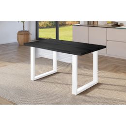 Esstisch 120x80 cm Baumkante Holz Grau-Optik U-Gestell Metall wei&szlig; JULIUS