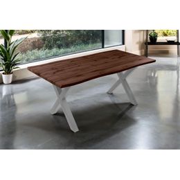 Esstisch 180x90 cm Baumkante Holz Nussbaum-Optik X-Gestell Metall silber JOSY