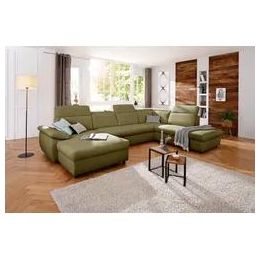 Wohnlandschaft Home Affaire "Mauritius U-Form", gr&uuml;n (olive), B:354cm T:232cm, Struktur fein (100% Polyester);Luxus-Microfaser Lederoptik (100% Polyester);Soft clean (98% Polyester, 2% Polyamid), Sofas, Wohnlandschaft, mit Kopfteil- und Armlehnverstellung, wahlweise mit Bettfunktion