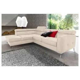 Ecksofa COTTA "Sammy L-Form", beige (creme), B:239cm H:74cm T:207cm, Microfaser Primabelle (100% Polyester);Die R&uuml;ckseite und die Liegefl&auml;che der Bettfunktion in NaturLEDER ist mit schwarzem Spannstoff bezogen, Sofas, Ecksofa, mit Kopfteilverstellung, wahlweise mit Bettfunktion & Bettkasten