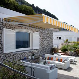Gelenkarmmarkise Basic 2000 | 2,5x1,5 m | Stoff: Block, gelb-wei&szlig; | Gestell: wei&szlig; | paramondo Markise f&uuml;r Terrasse, Balkon, Garten