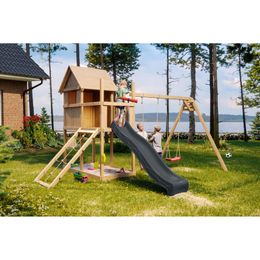 Karibu Kinderspielhaus 'Frieda' Fichtenholz naturbelassen mit Rutsche anthrazit, Doppelschaukel, Netzrampe 107 x 291 x 107 cm
