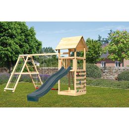 Karibu Kinderspielturm 'Lotti' Fichtenholz naturbelassen mit Rutsche anthrazit, Doppelschaukelanbau, Kletterger&uuml;st, Kletterwand 107 x 291 x 107 cm