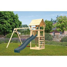Karibu Kinderspielturm 'Lotti' Fichtenholz naturbelassen mit Rutsche anthrazit, Doppelschaukel, Kletterwand 107 x 291 x 107 cm