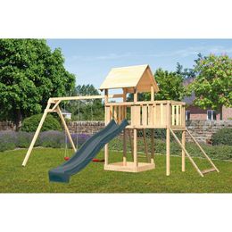 Karibu Kinderspielturm 'Lotti' Fichtenholz naturbelassen mit Rutsche anthrazit, Doppelschaukel, Anbauplattform, Netzrampe 107 x 291 x 107 cm