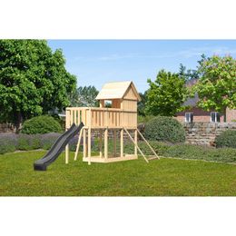 Karibu Kinderspielhaus 'Frieda' Fichtenholz naturbelassen mit Rutsche anthrazit, Anbauplattform, Netzrampe 107 x 291 x 107 cm