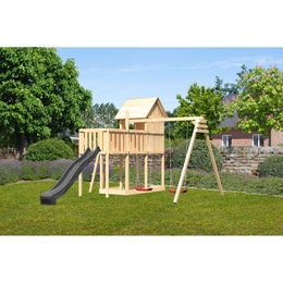 Karibu Kinderspielhaus 'Frieda' Fichtenholz naturbelassen mit Rutsche anthrazit, Doppelschaukel, Anbauplattform 107 x 291 x 107 cm