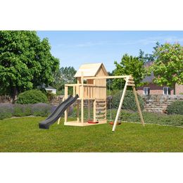 Karibu Kinderspielhaus 'Frieda' Fichtenholz naturbelassen mit Rutsche anthrazit, Doppelschaukel, Kletterwand 107 x 291 x 107 cm