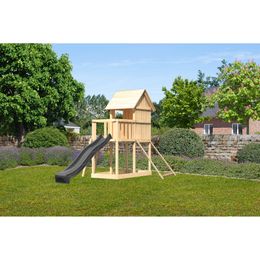Karibu Kinderspielhaus 'Frieda' Fichtenholz naturbelassen mit Rutsche anthrazit, Netzrampe 107 x 291 x 107 cm