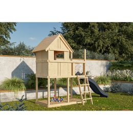 Karibu Kinderspielhaus 'Frieda' Fichtenholz naturbelassen mit Rutsche anthrazit 107 x 291 x 107 cm