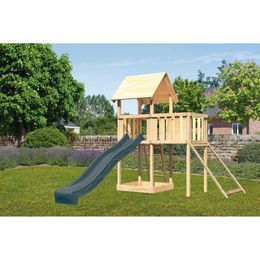 Karibu Kinderspielturm 'Lotti' Fichtenholz naturbelassen mit Rutsche anthrazit, Anbauplattform, Netzrampe 107 x 291 x 107 cm