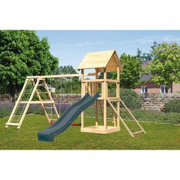 Karibu Kinderspielturm 'Lotti' Fichtenholz naturbelassen mit Rutsche anthrazit, Doppelschaukelanbau, Kletterger&uuml;st, Netzrampe 107 x 291 x 107 cm