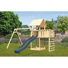 Karibu Kinderspielturm 'Lotti' Fichtenholz naturbelassen mit Rutsche anthrazit, Doppelschaukel, Anbauplattform, Kletterwand 107 x 291 x 107 cm