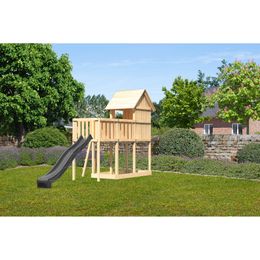 Karibu Kinderspielhaus 'Frieda' Fichtenholz naturbelassen mit Rutsche anthrazit, Anbauplattform 107 x 291 x 107 cm