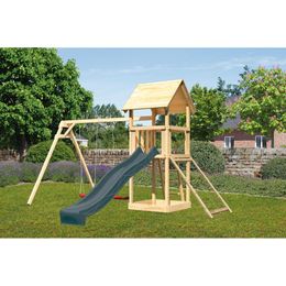 Karibu Kinderspielturm 'Lotti' Fichtenholz naturbelassen mit Rutsche anthrazit, Doppelschaukel, Netzrampe 107 x 291 x 107 cm
