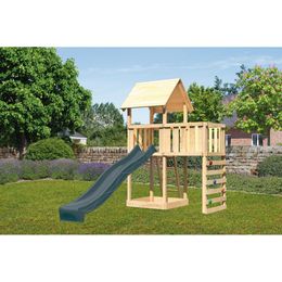 Karibu Kinderspielturm 'Lotti' Fichtenholz naturbelassen mit Rutsche anthrazit, Anbauplattform, Kletterwand 107 x 291 x 107 cm