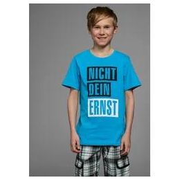 T-Shirt Kidsworld "mit Spruch: NICHT DEIN ERNST", Jungen, Gr. 128/134, blau (t&uuml;rkis), Jersey, Obermaterial: 100% Baumwolle, bedruckt, Basic, Rundhals, Shirts T-Shirt, Kurzarm, Basic-Passform, mit trendigem Aufdruck