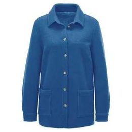 Sommerjacke GOLDNER "Kurzgr&ouml;&szlig;e L&auml;ssige Wolljacke mit Hemdkragen", Damen, Gr. 21, blau (atlantikblau), Obermaterial: 70% Polyester PES. 30% Wolle WO., Manschette, Jacken, Kn&ouml;pfe